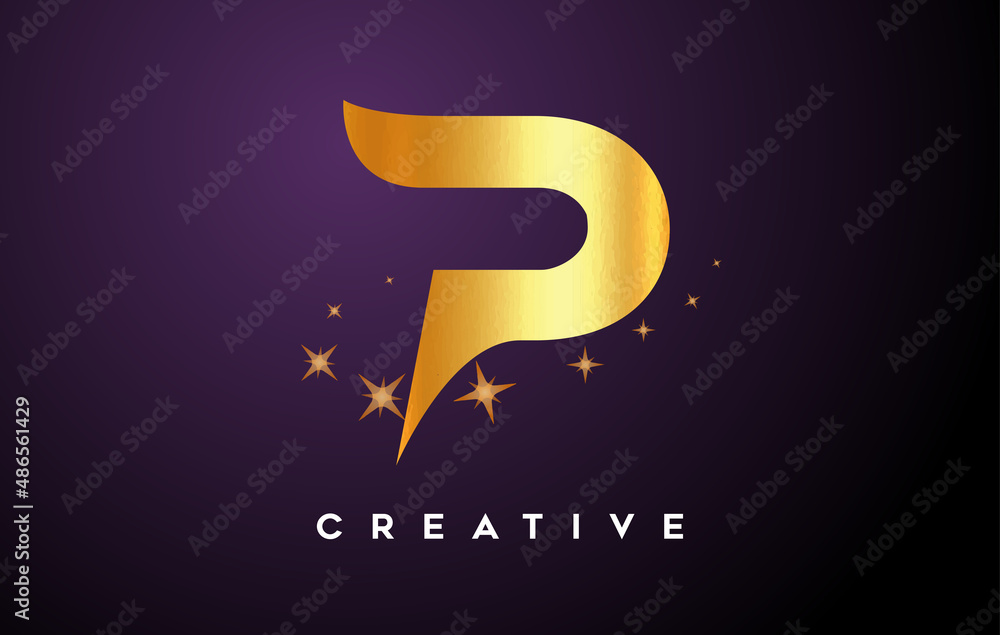 Gold P Letter Logo with Golden Glitter Stars and Gold Foil Texture Icon ...