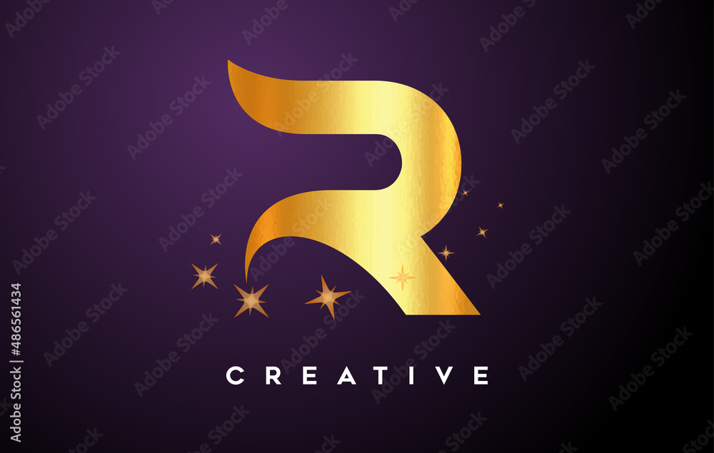 Gold R Letter Logo with Golden Glitter Stars and Gold Foil Texture Icon ...