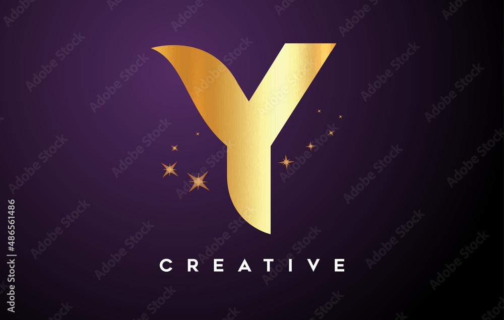 Gold Y Letter Logo with Golden Glitter Stars and Gold Foil Texture Icon ...