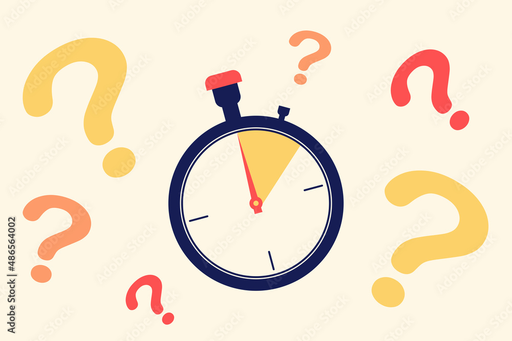 Quiz background. Chronometer and questions marks. Educational platform. Learning games, with ...