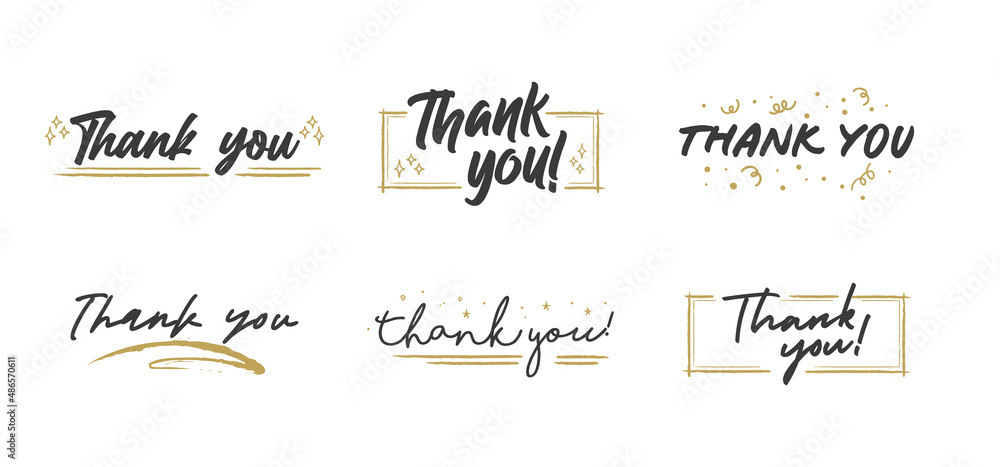 Thank you lettering. Black text word with gold stars. Hand drawn ...