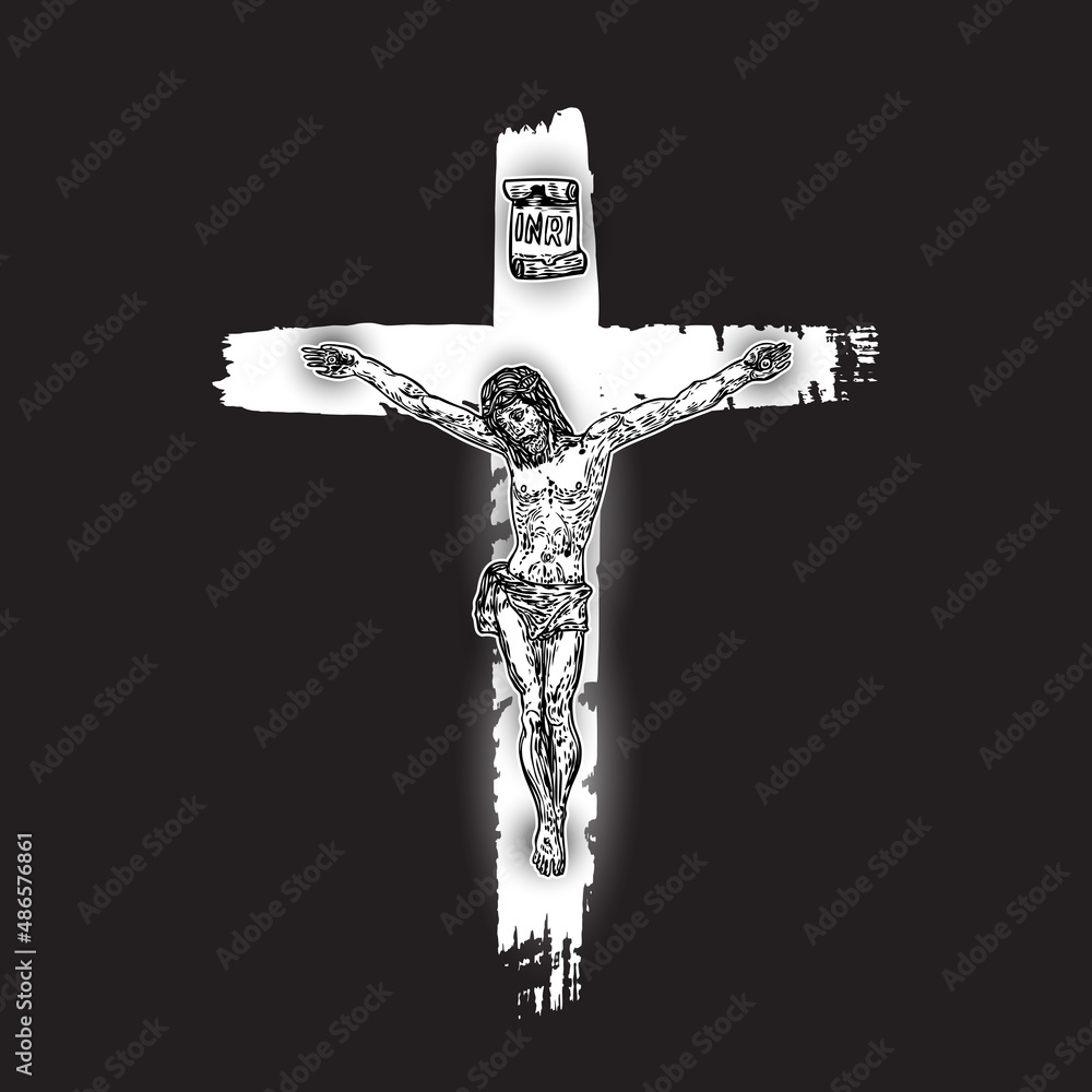Vetor de Jesus Christ crucifixion on hand painted ink brush cross on ...