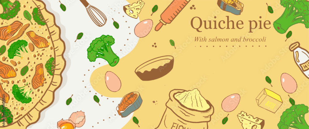 French quiche with broccoli and salmon, ingredients and utensils ...