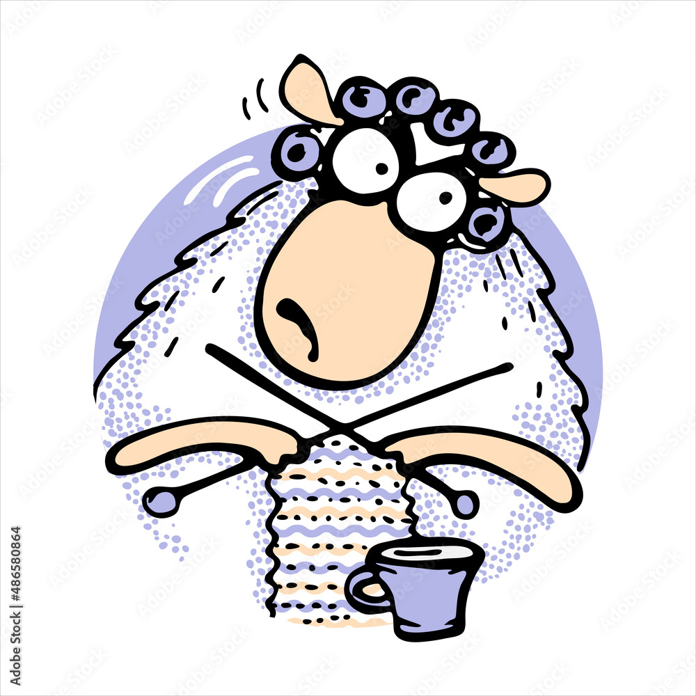 Mother sheep in curlers on her head with a cup and a stern look knits ...