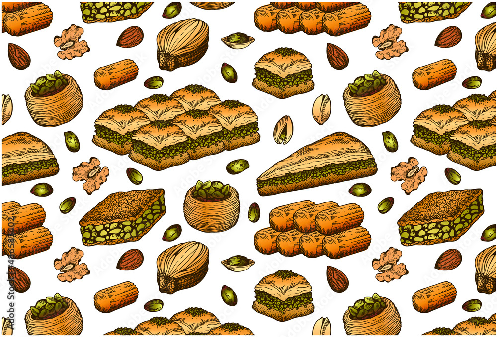 Sketch drawing pattern of colorful oriental sweets isolated on ...