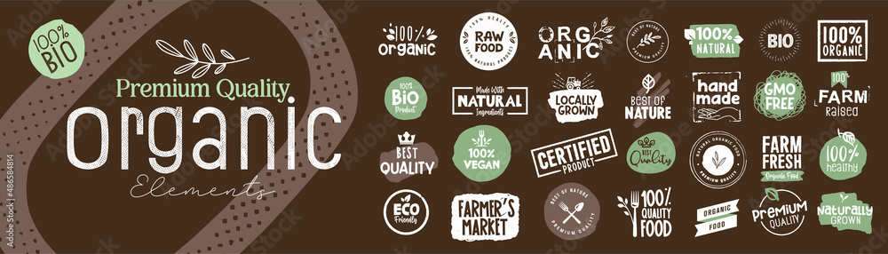 Organic food, farm fresh and natural product signs collection for food ...