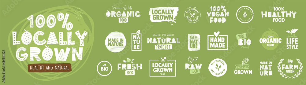 Organic food, farm fresh and natural product signs collection for food ...