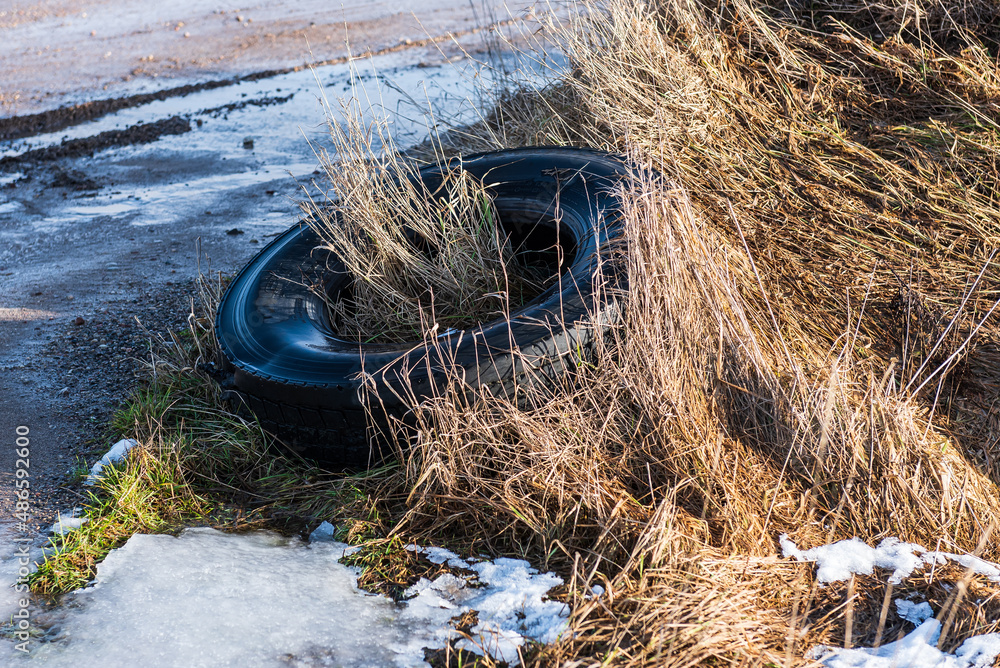Random garbage junk items left in nature. Old tire in old grass on ...