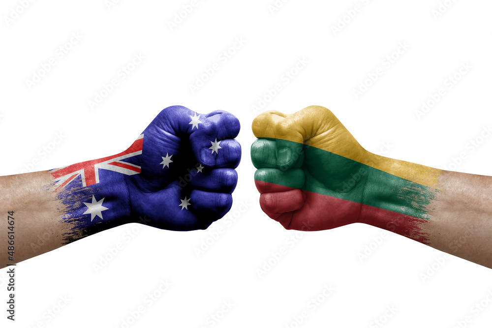 Two Hands Punch To Each Others On White Background Country Flags