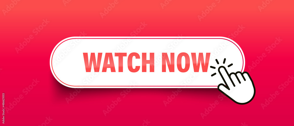 Watch now button with cursor in flat style on red background. Isolated ...