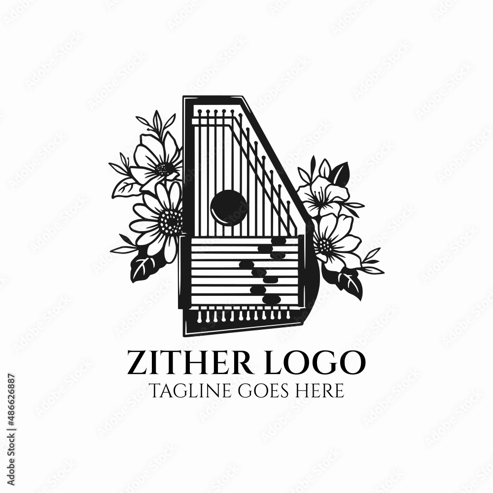 zither logo vector, zither with flower icon, orchestra instrument ...