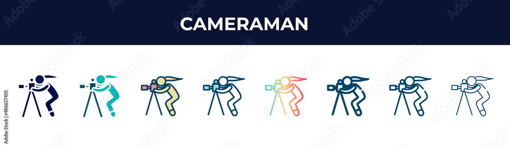 cameraman vector icon in 8 different modern styles. black, two colored ...