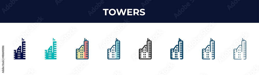 towers vector icon in 8 different modern styles. black, two colored ...