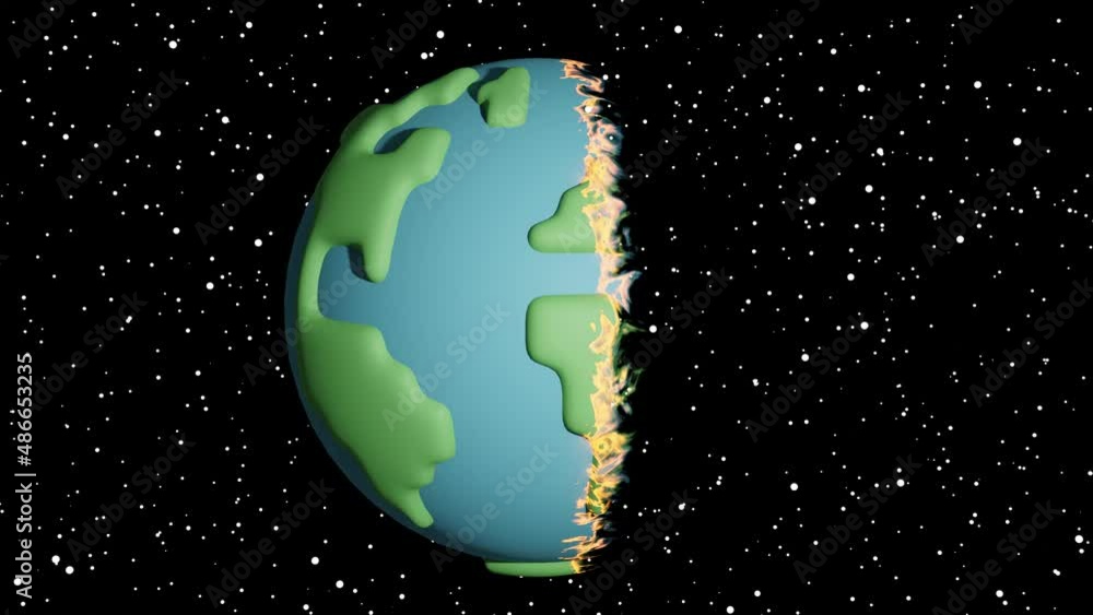 3D animation of a cartoon earth disappearing in flames from left to ...