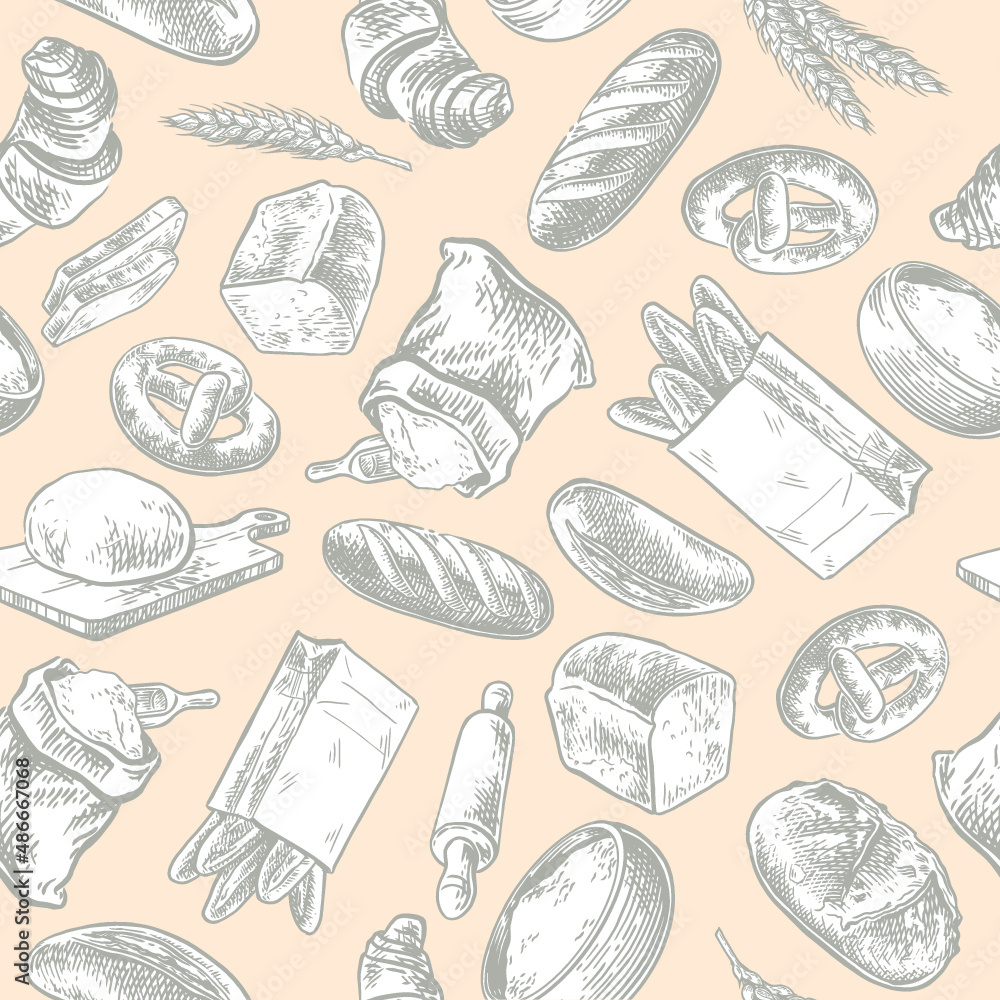 Bread Seamless Pattern in Outline Hand Drawn Doodle Style. Vintage vector engraving illustration ...
