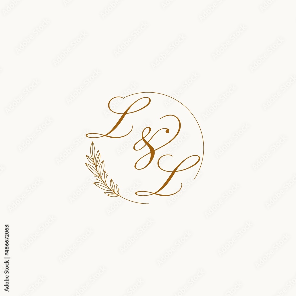 Initials LL wedding monogram logo with leaves and elegant circular ...