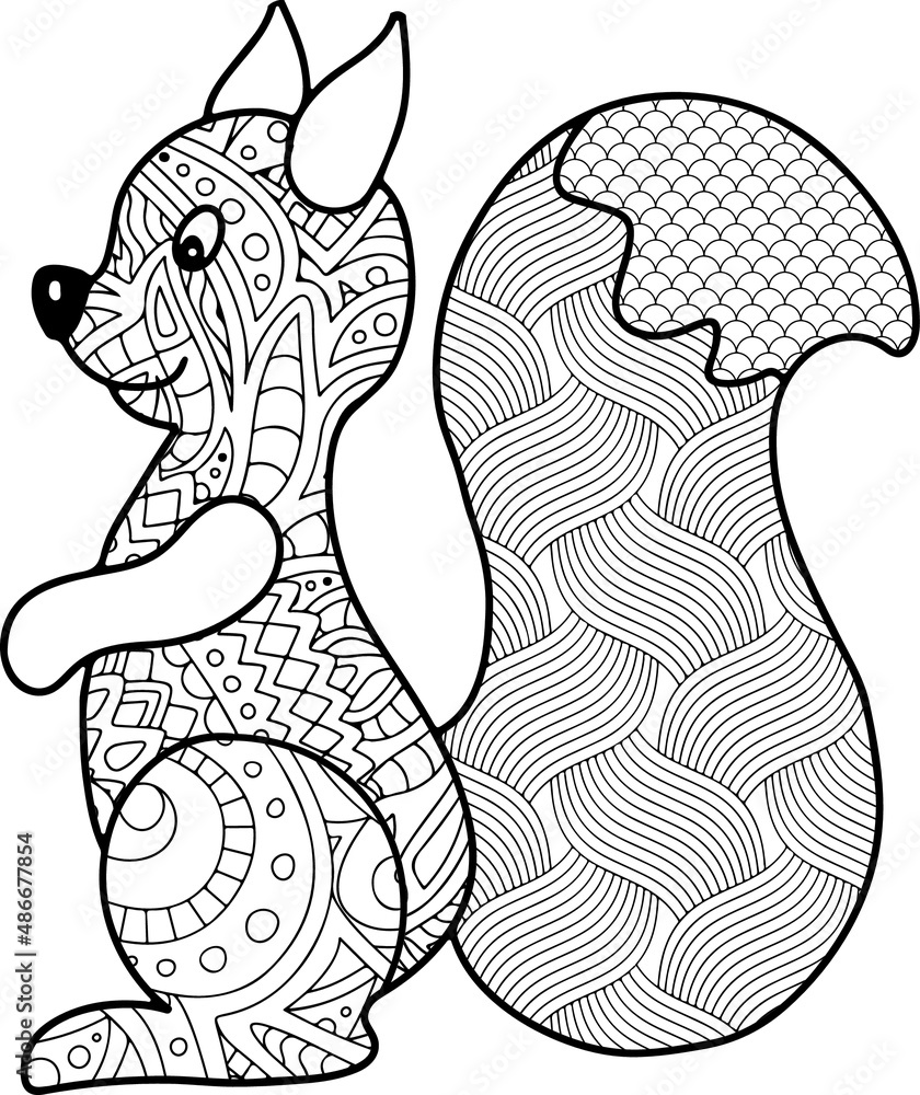 Doodle stylized squirrel, Adult antistress coloring page. mandala ...