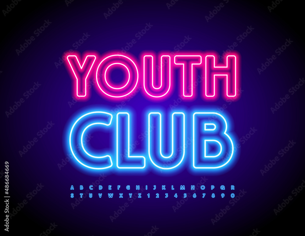 Vector glowing logo Youth Club. Blue Neon Alphabet Letters and Numbers ...