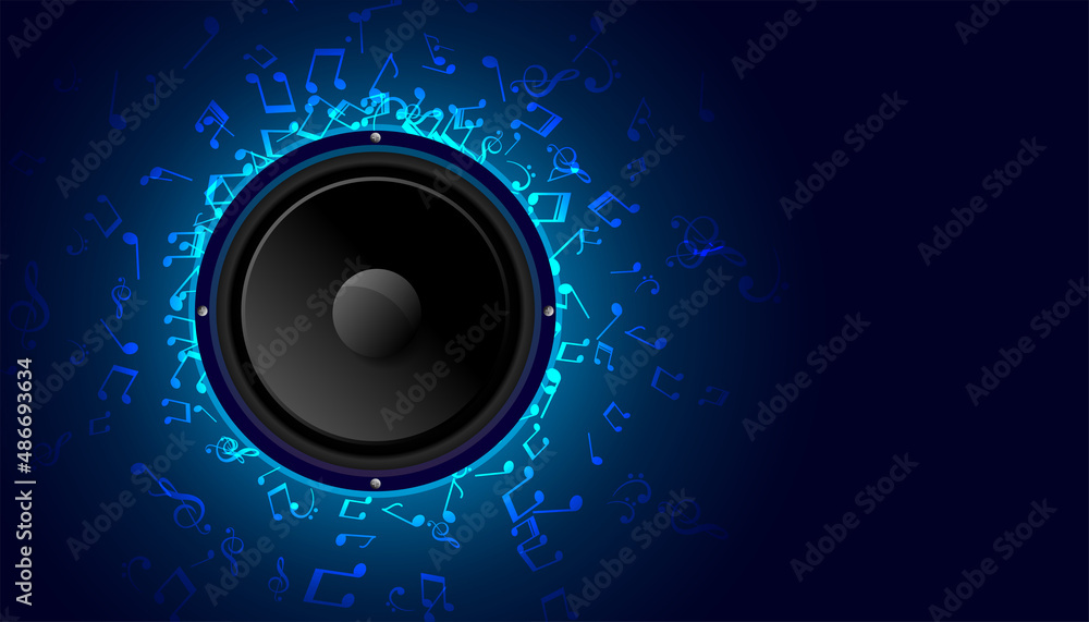 music speaker with blue sound notes background Stock Vector | Adobe Stock