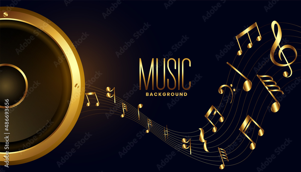 golden music speaker with sound notes wave background Stock Vector ...