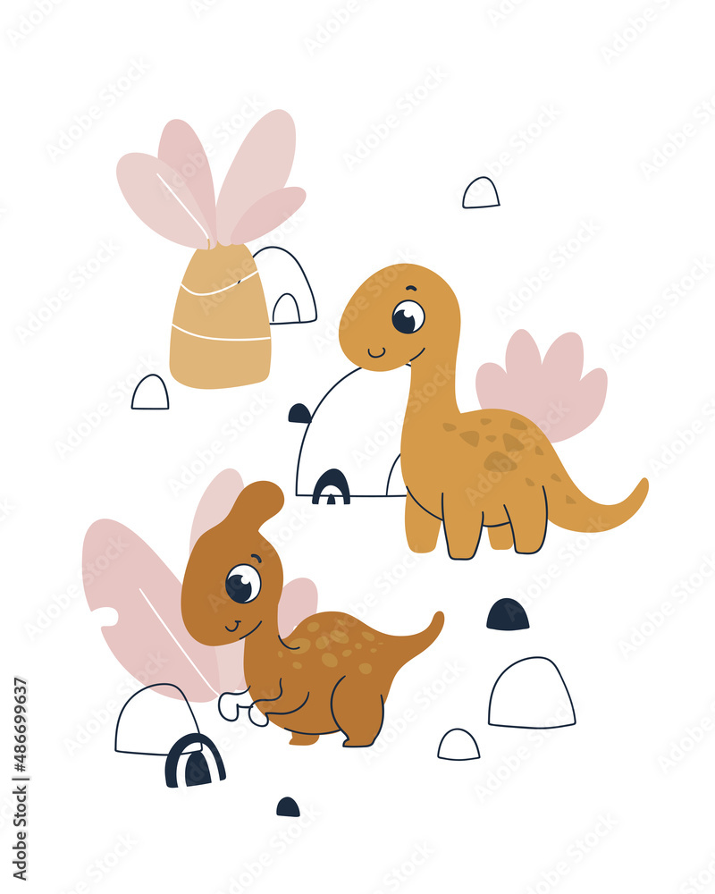 Cute cartoon dinosaur. Print for baby posters, cards, clothes. Vector ...