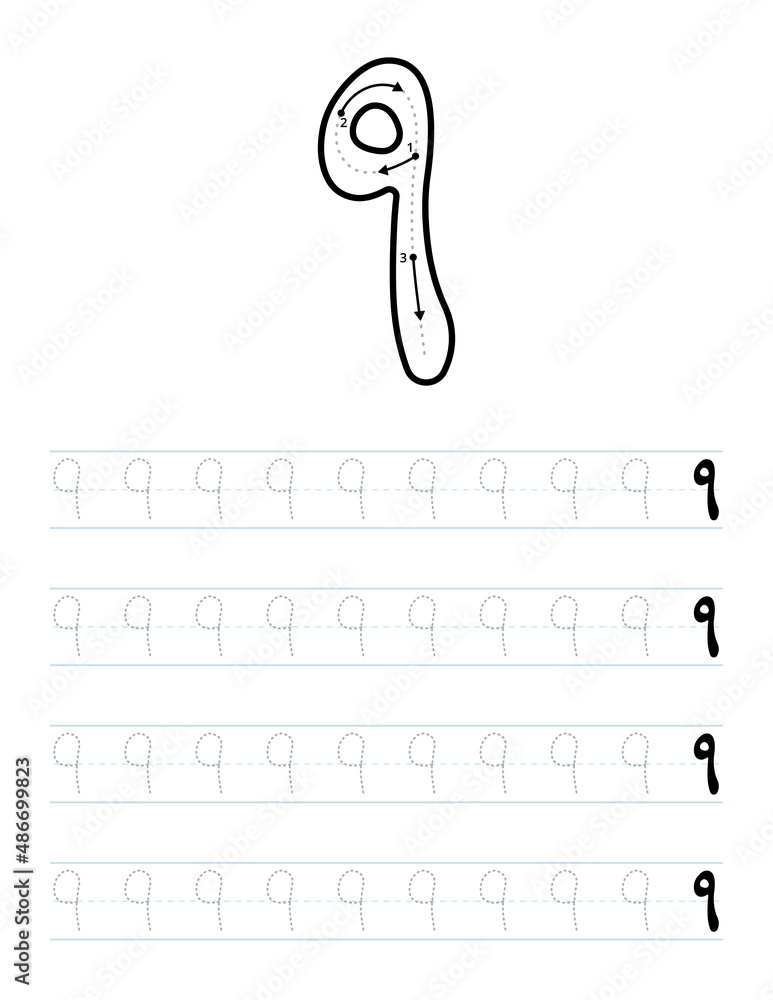 Writing number 9 in arabic worksheet for kids Stock Vector | Adobe Stock
