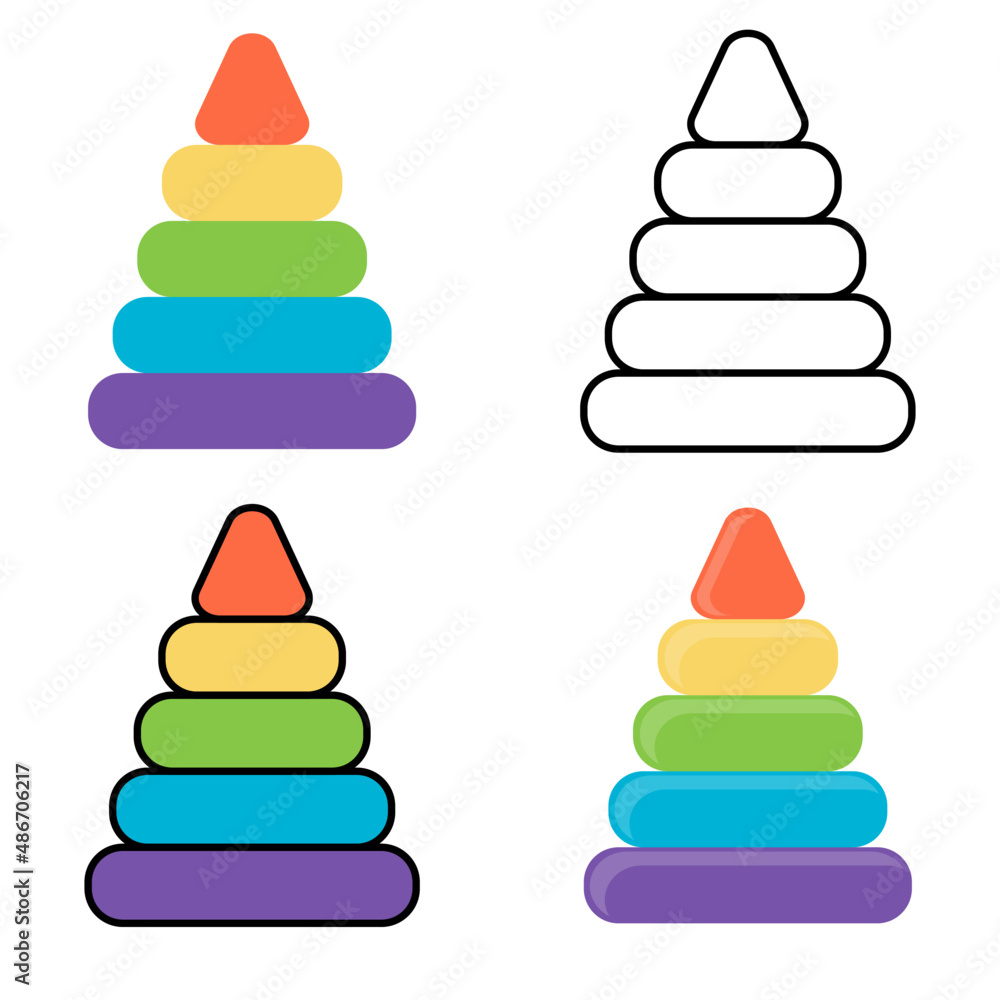 children's toy multicolored pyramid of rings, coloring book drawing ...