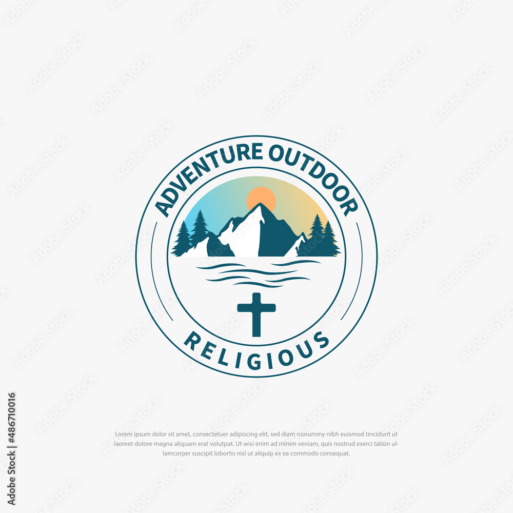 Vintage Mountain Logo with Christian Cross for Religious Church or ...