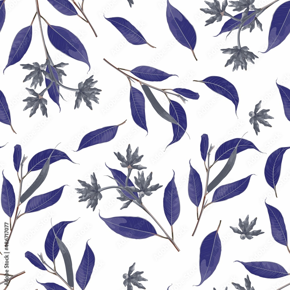 Seamless pattern with different branches of Eucalyptus in bloom on a ...