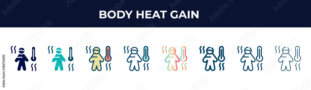 body heat gain vector icon in 8 different modern styles. black, two ...