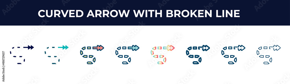 curved arrow with broken line vector icon in 8 different modern styles ...