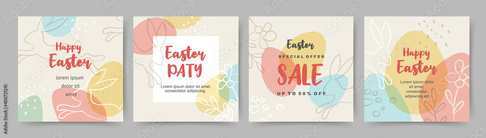 Happy Easter square banners templates. Cute bunny and eggs in pastel ...