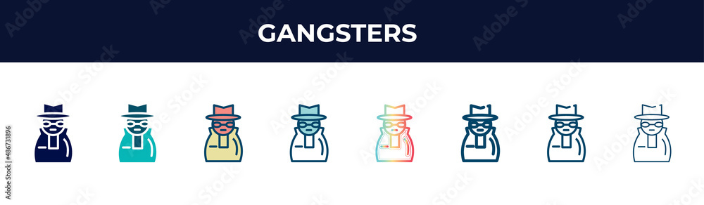 gangsters vector icon in 8 different modern styles. black, two colored ...