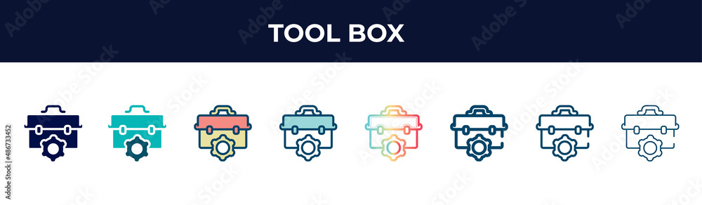 tool box vector icon in 8 different modern styles. black, two colored ...