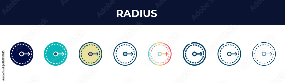 radius vector icon in 8 different modern styles. black, two colored ...