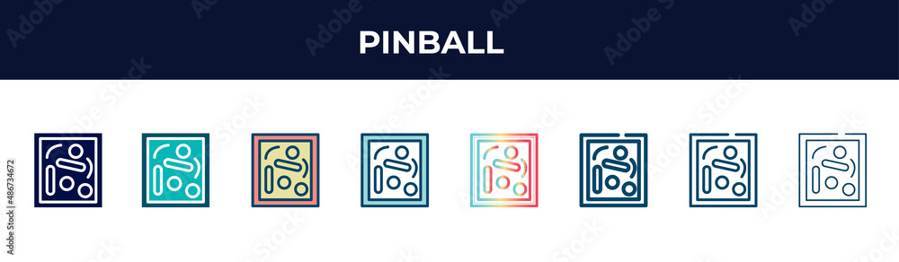 pinball vector icon in 8 different modern styles. black, two colored ...