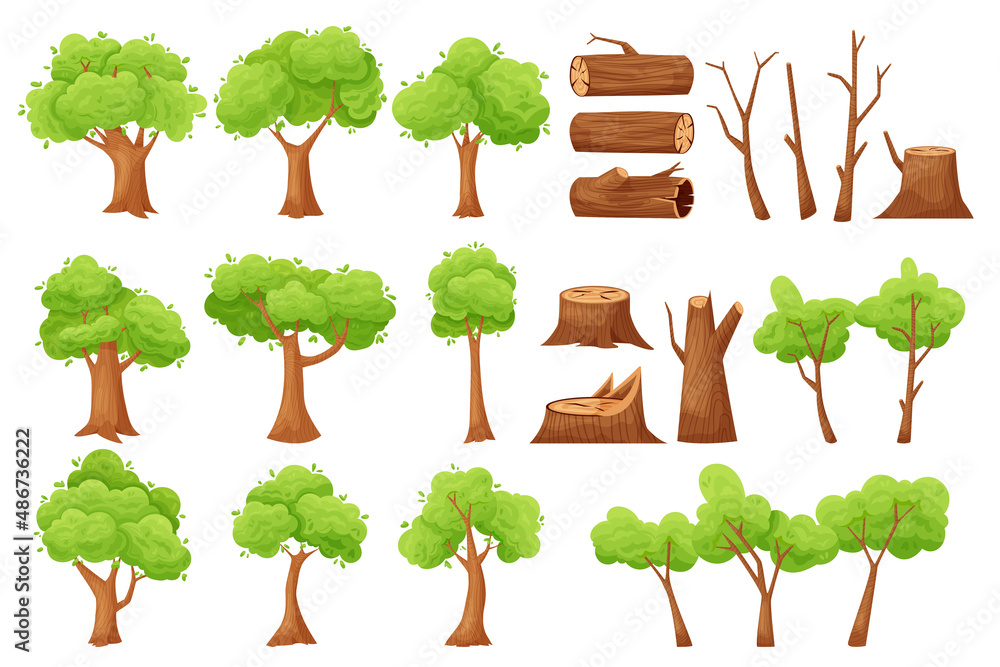 Cartoon tree and wood. Forest green vegetation with stump, log, trunk ...
