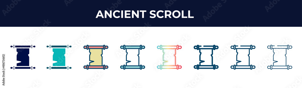 ancient scroll vector icon in 8 different modern styles. black, two ...