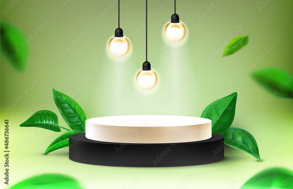 Realistic abstract podium. Background with pedestal and green leaves ...