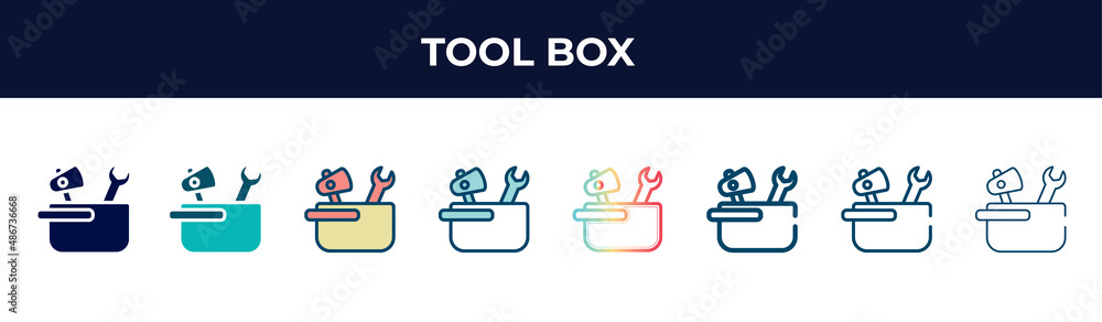 tool box vector icon in 8 different modern styles. black, two colored ...