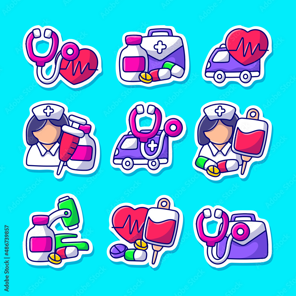 Medical healthcare sticker collection with colored hand drawn doodle ...
