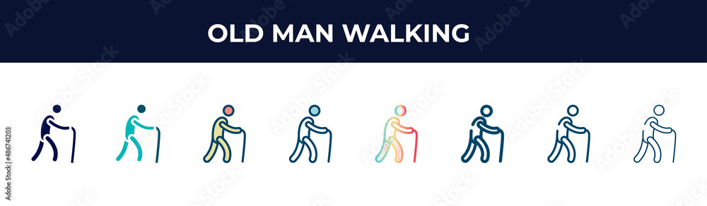 old man walking vector icon in 8 different modern styles. black, two ...