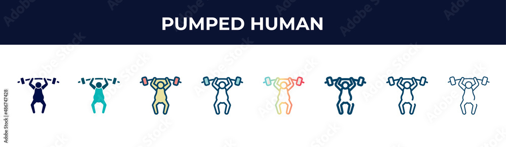 pumped human vector icon in 8 different modern styles. black, two ...
