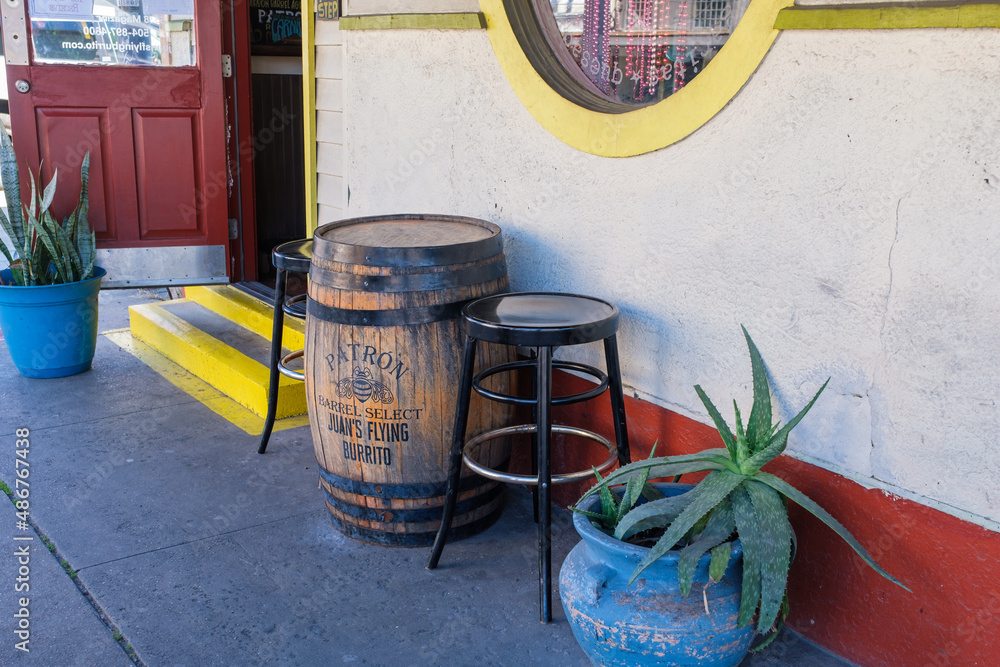 Patron Barrel Select tequila barrel being used as table top in front of ...