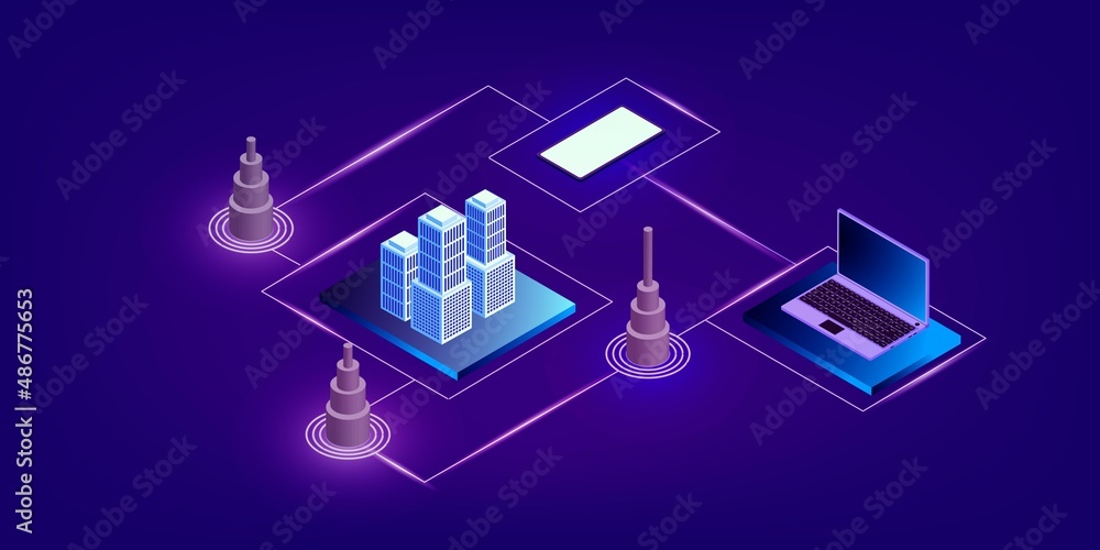 Concept of data network management .Vector 3d isometric map with ...