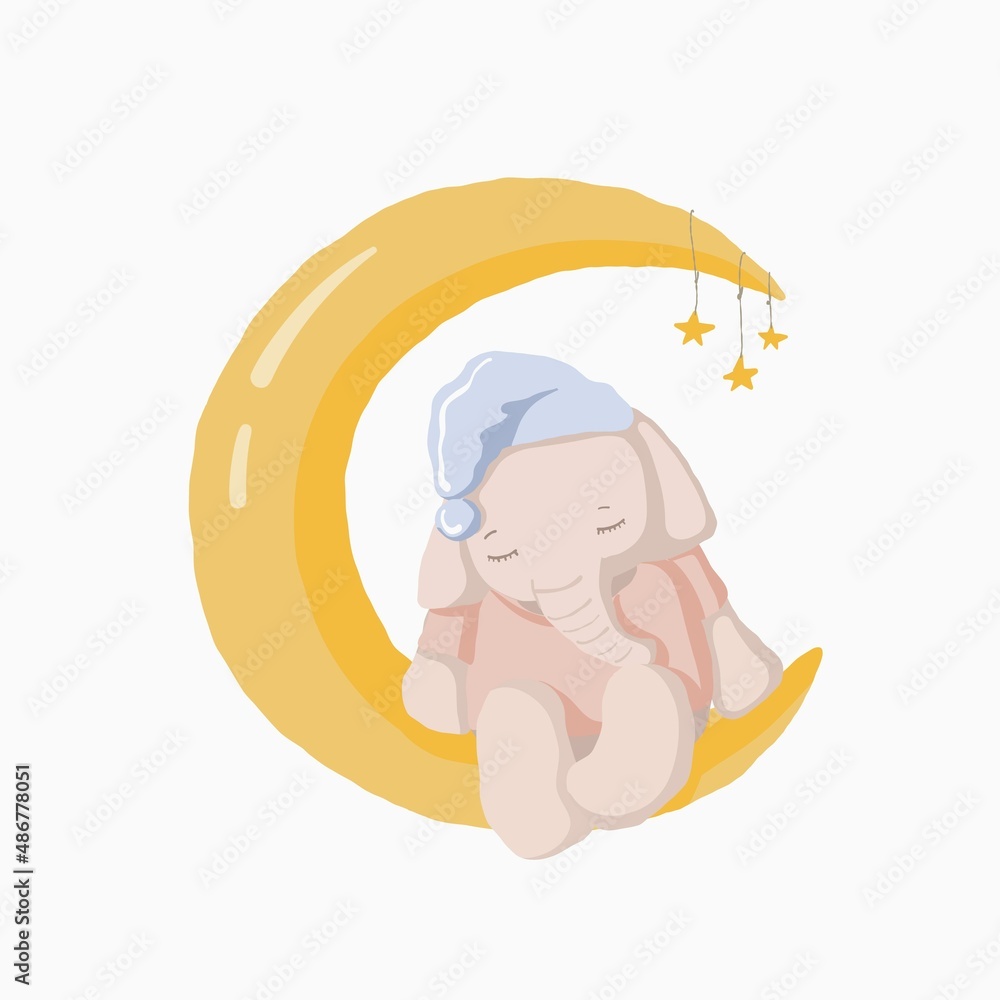 cute sleepy elephant on the half moon, vector freehand illustration ...