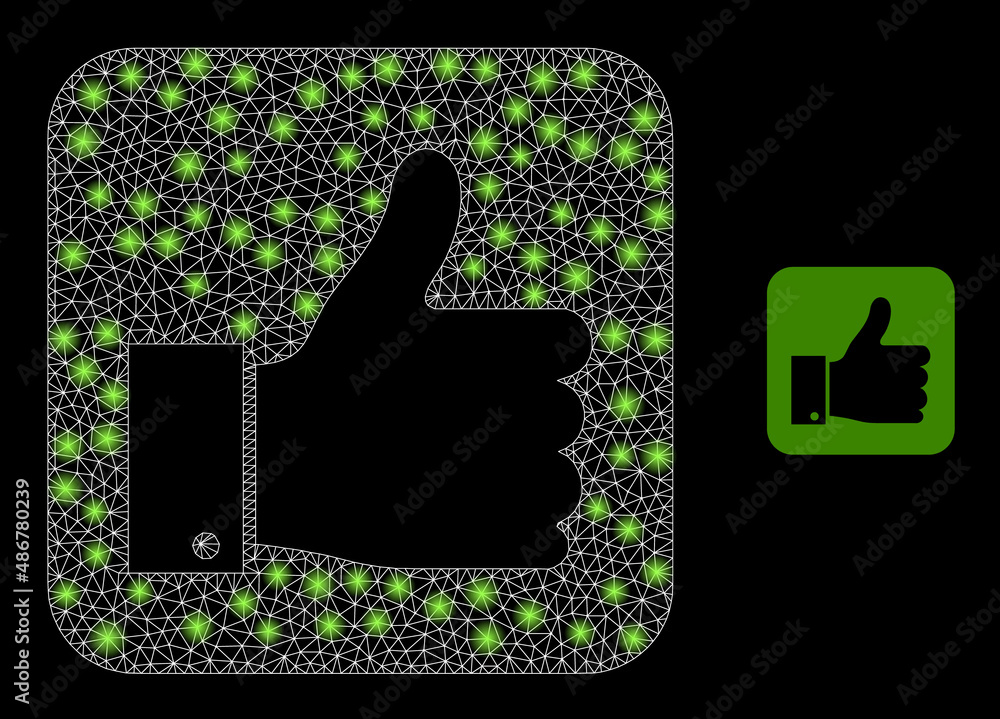 Thumb positive icon and glowing mesh net thumb positive model with ...