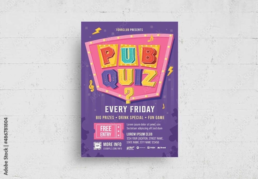 Pub Quiz Night Flyer Poster Layout with Retro Typography Stock-Vorlage ...