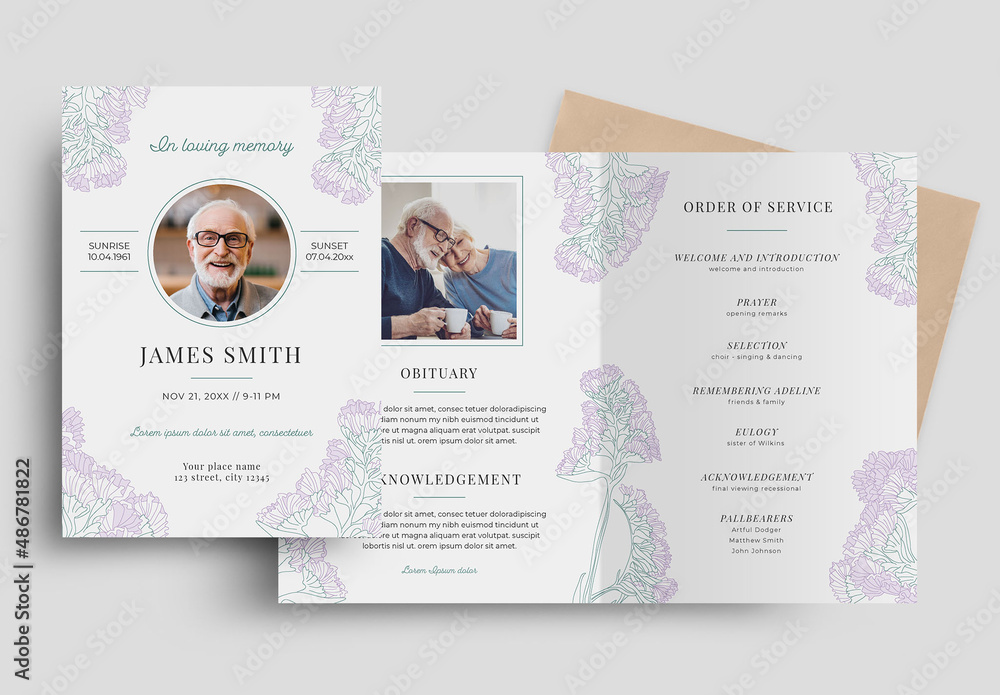 Purple Flower Floral Funeral Program Obituary Template Stock Template ...