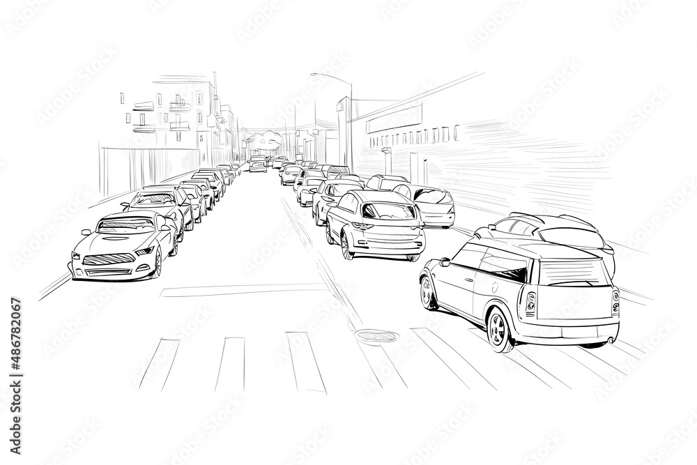 Motorway with cars template design sketch. Hand drawn vector ...